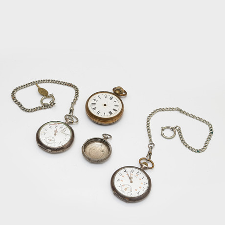 3 POCKET WATCHES, POCKET WATCH CHAINS WITH KEY, CASE (RENOVATION ITEM ...