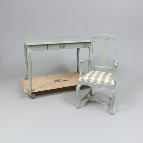 ROCOCO STYLE DESK and ARMCHAIR, painted, K.A. Roos. Second half of the ...