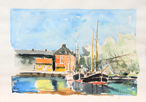 BERT ZEDRÉN. AKVARELL, på papper, Gamla Lotshamnen, signerad, 1995 ...