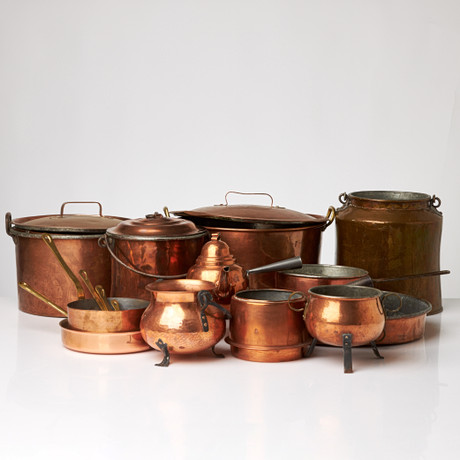 COPPER UTENSILS, 16 pieces, pots, cauldron, outer lining, etc. Silver ...