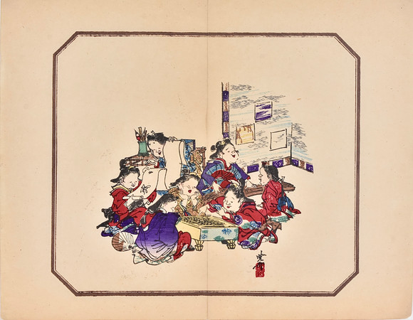 SHIBATA ZESHIN. woodcuts, a group of Ofuku writing calligraphy. Art ...