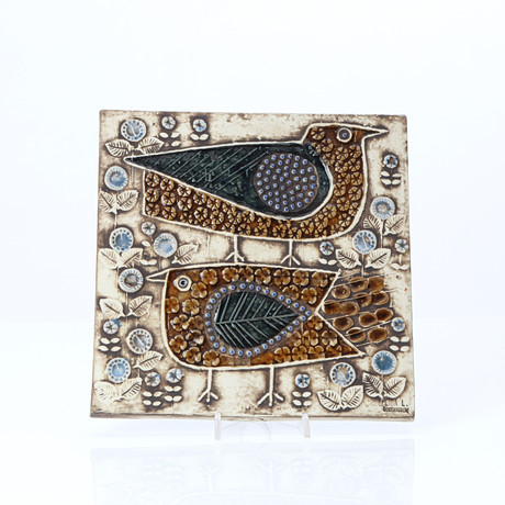 LISA LARSON. WALL PLAQUE. Partially glazed stoneware. Birds. Stamped ...