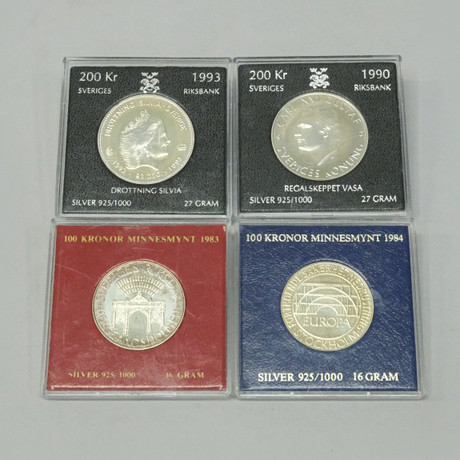 FOUR COMMEMORATIVE COINS. SILVER. SWEDEN. 1980S/90S. Coins, Medals ...