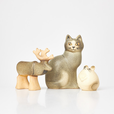 LISA LARSON. Figuriner, 3 st., Katt, ren och mus, glaserat stengods, K ...