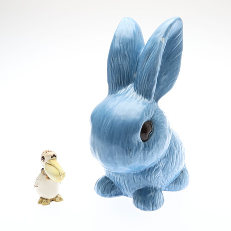 LARGE SYLVAC MODEL OF A BLUE RABBIT AND A JERSEY POTTERY PELICAN. (2 ...