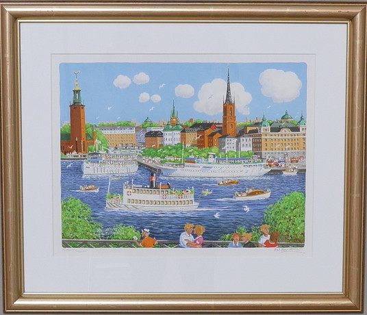 BERT-HÅGE HÄVERÖ. Lithograph in colours, Stockholm motif, signed and ...