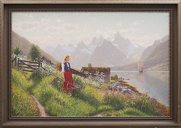 EMMA PASTOR NORMANN. Young woman by a Norwegian fjord, oil on canvas ...