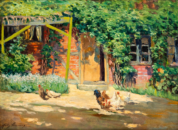 MOLLY CRAMER (1862-1936). Chickens in front of a farmhouse. Art ...
