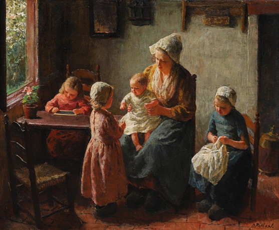 BERNARD POTHAST (1882-1966). Interior with family at kitchen table, oil ...