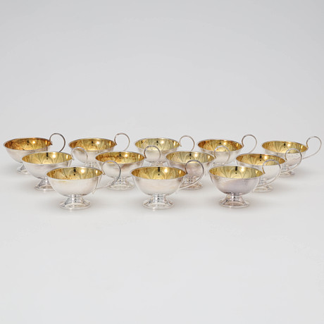 PUNCH MUGS, 12pcs, 830/1000 silver, interior gilt, hammered surface ...