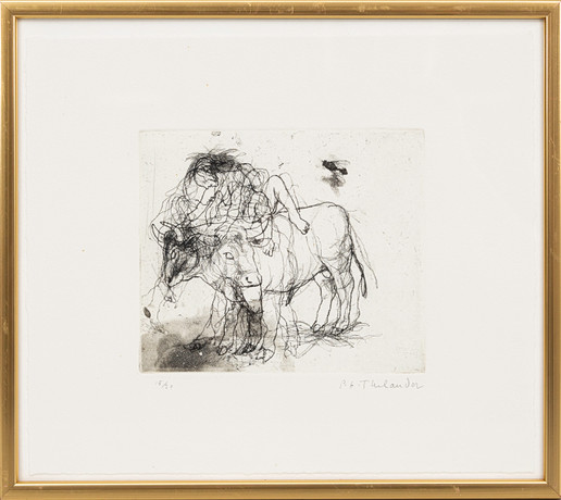 PER GUNNAR THELANDER. Figure composition with cow, etching, signed ...