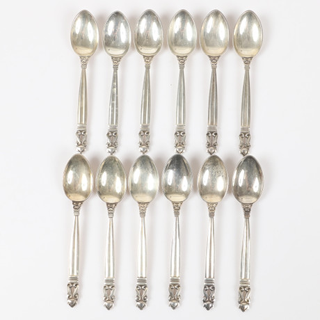 JOHAN ROHDE. Teskedar, 12 stycken, "Konge/Acorn", sterlingsilver, Georg ...