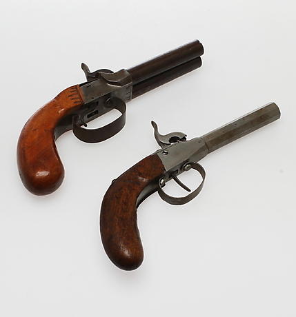 BUCKLE PISTOLS, 2 pcs, one double barreled, 19th century. Weapons ...