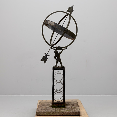 A sundial, cast iron and patinated metal, on a stone base, 20th century ...