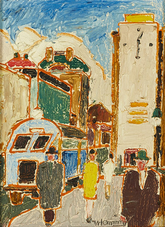 WILHELM HENNING (1899–1955). Stadsbild med spårtrafik, signerad, olja ...
