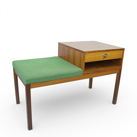 A WALNUT VENEER TELEPHONE BENCH, a drawer, upholstered seat, 1960/70's ...