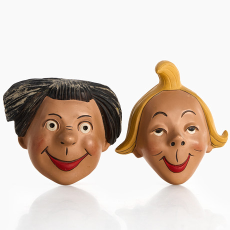 A pair of Max and Moritz painted achatite wall masks, Achatit ...