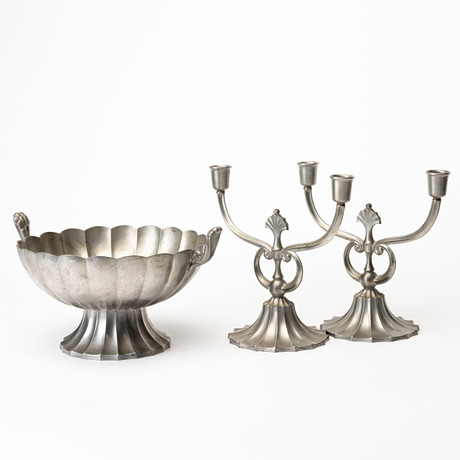 A 3-piece tin bowl and candelabra, JLH Cast, stamped, 1934. Silver ...