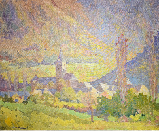 SERGIO BIGAS. Rural view with bell tower, oil on canvas. Art ...