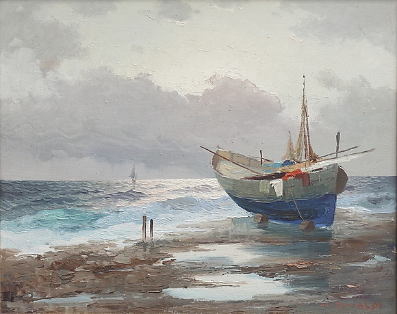M. RINALDI. Coastal motif with fishing boat. Oil on canvas, signed. Art ...