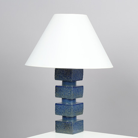 Sculptural table lamp made of stoneware glazed in blue-green shades ...