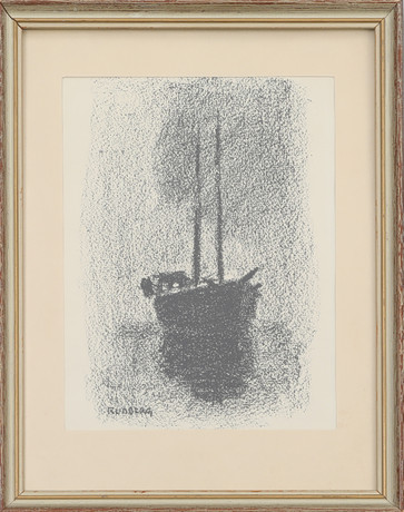 GUSTAV RUDBERG. Litografinen printti, purjevene, signeerattu Rudberg ...