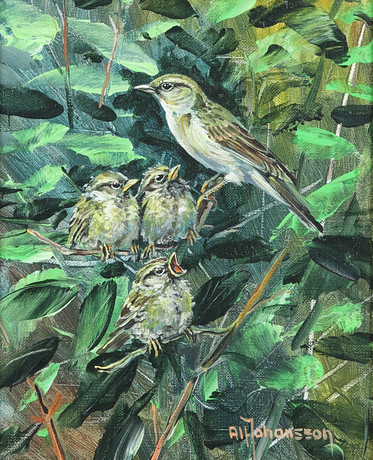 ALF JOHANSSON. Oil on canvas, “Leaf warbler with cubs”, signed. Art ...