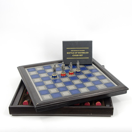 CHESS GAME with tin chess pieces depicting soldiers and others from the ...