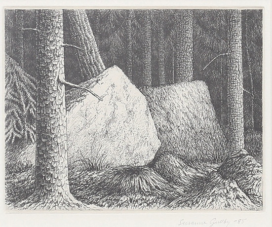 SUSANNE GULLBY. Kiviä metsässä. Etsaus, signeerattu ja päivätty -85 ...