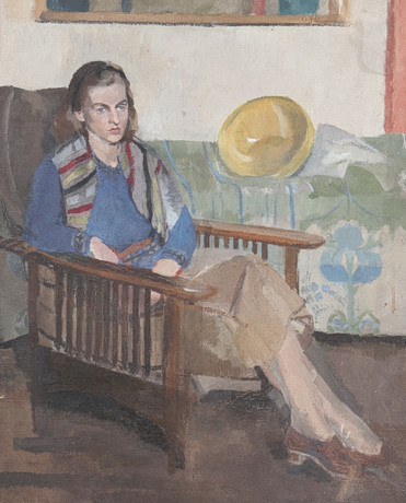 20TH CENTURY ENGLISH SCHOOL. PORTRAIT OF A LADY SEATED ON AN ARTS AND ...