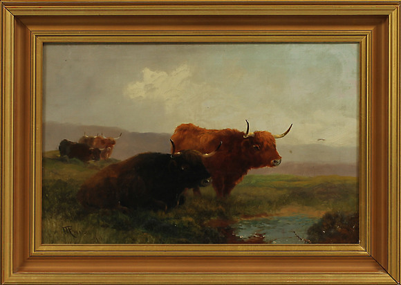 THOMAS HENRY GIBB. "Highland cattle at rest", oil on canvas, signed and ...