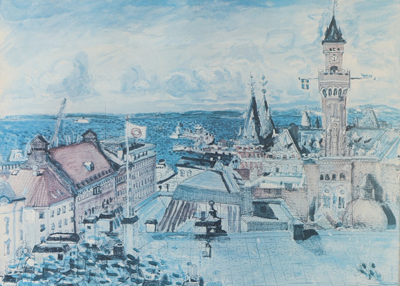 LARS HERDER. Helsingborgin aihe, värillinen litografia, signeerattu ...