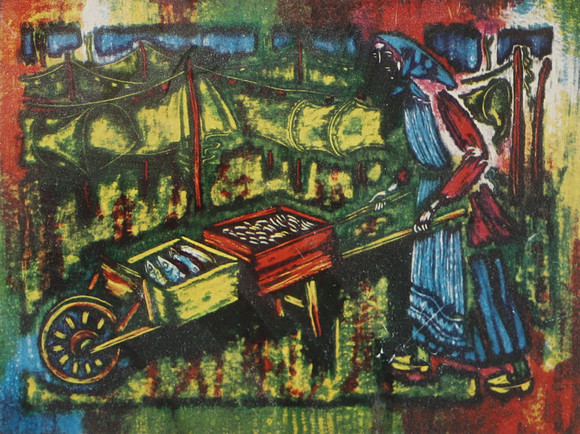 VYTAUTAS KASIULIS. Mies kalastuskärryillä, värilitografia, signeerattu ...