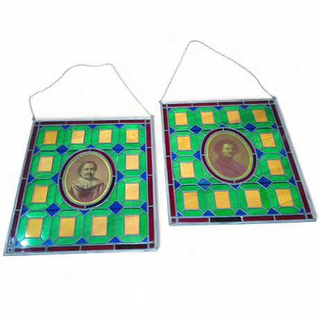 Pair of leaded stained glass windows with an image of the artists ...