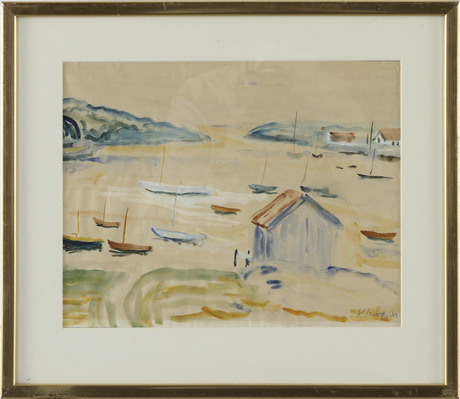 KNUT IRWE. Akvarell med täckvitt, signerad -41. Kustbild med båtar och ...