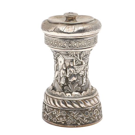 A CHINOSERIE CASED PEPPER MILL. Silver & Metals - Silver - Auctionet