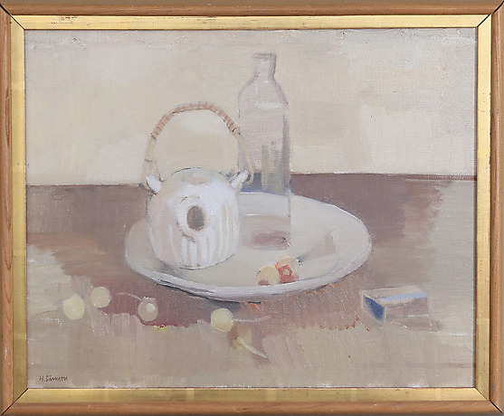 HUGO SIMSON. Still life with bottles, oil on canvas, signed. Art ...