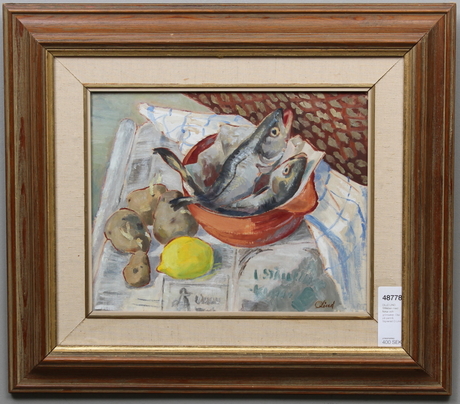 OLLE LIND. Still life with fish and vegetables. Oil on Board. Signed O ...