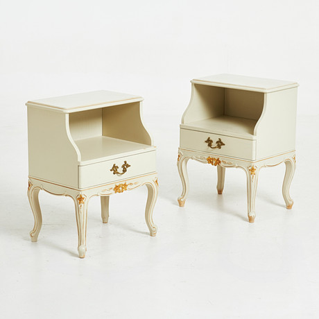 BEDSIDE TABLES. 1 pair, Rococo style, with pull-out drawer, patinated ...