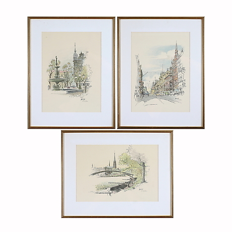 EBBE FOG. Sundsvalls motif, 3 pcs, color lithographs, signed and ...