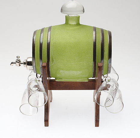 BARREL with 6 SHOT GLASSES, glass, wood and metal, 1900s. Glass ...