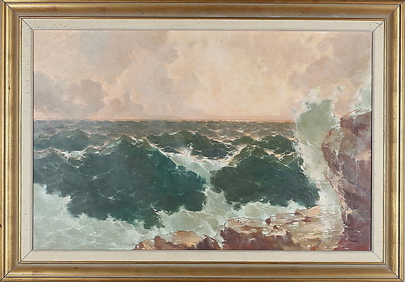 JAN B POSPISIL. Coastal landscape, oil on canvas, signed. Art ...