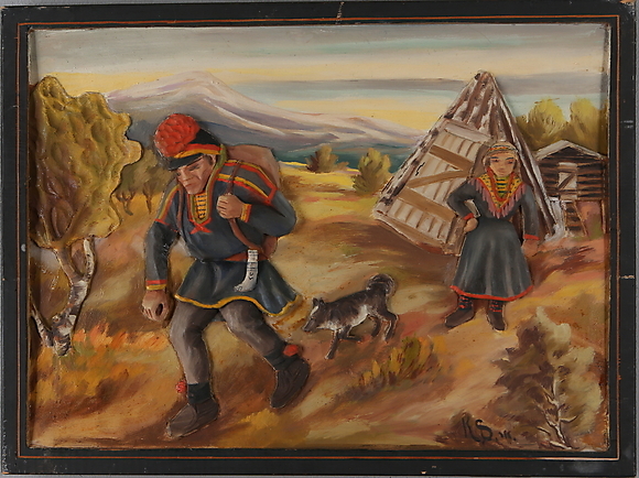 OIDENTIFIERAD KONSTNÄR. Wall relief, woodcut, Sami, monogram signed ...