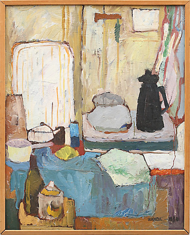 WANDA LUBELSKA. Oil on Board, kitchen interior, signed Wanda and dated ...