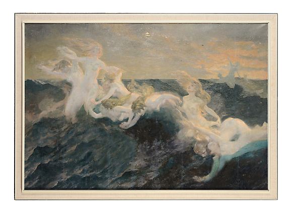 LARGE PAINTING STUDY. 8 mermaids on the open sea, background shipwreck ...
