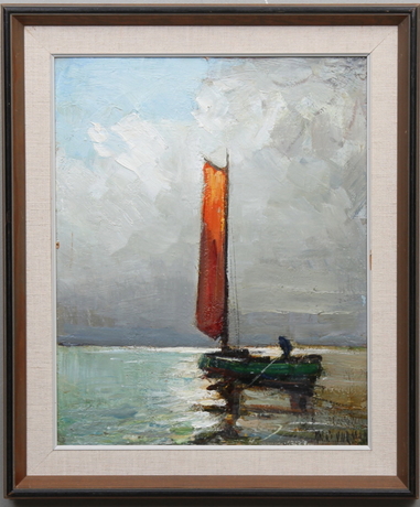 KNUT NORMAN. Sailboat with red sail. Oil on Board. Signed Knut Norman ...