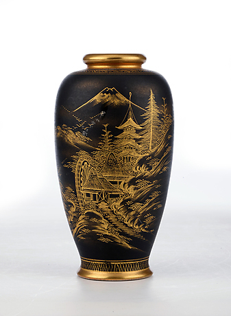 SMALL SATSUMA POTTERY. Baluster vase, black background with gold ...
