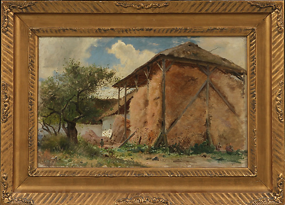GUSTAF RYDBERG. Farm with figures, oil on canvas, raised, signed and ...