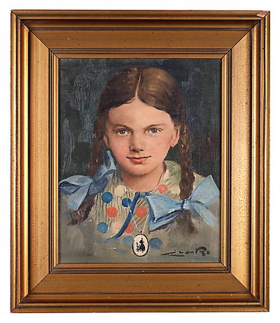 CHILD PORTRAIT, young girl in a dotted blouse, with a medallion and ...