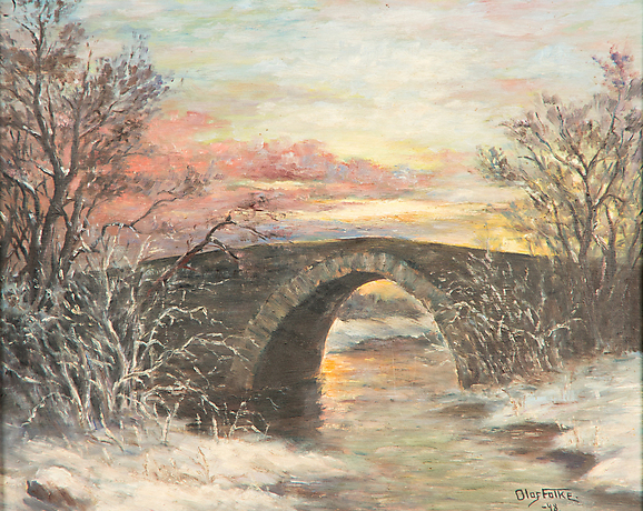OLOF FOLKE. Landscape with bridge, oil on Board, signed -48. Art ...